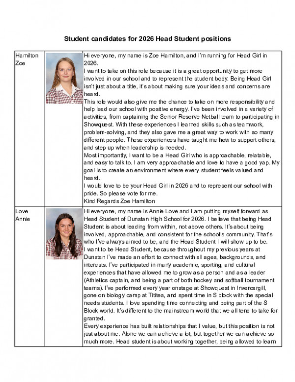 2026 Head Student Profiles - News - Dunstan High School