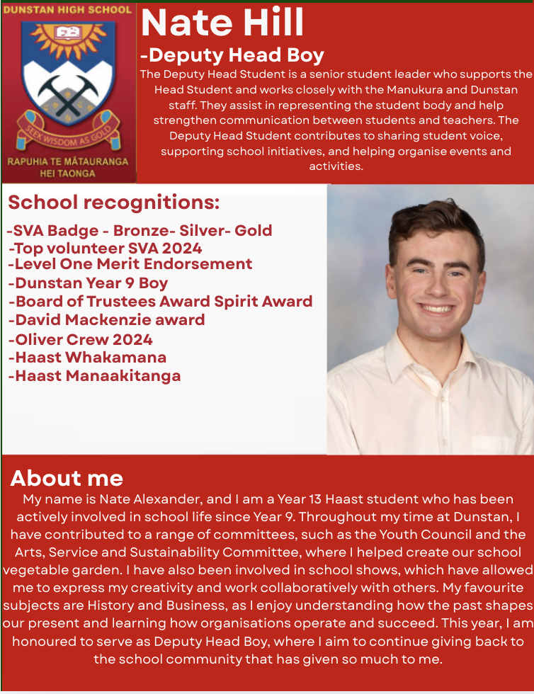 Dunstan Manukura 2026 Profile Series – Nate Hill – Deputy Head Boy 202