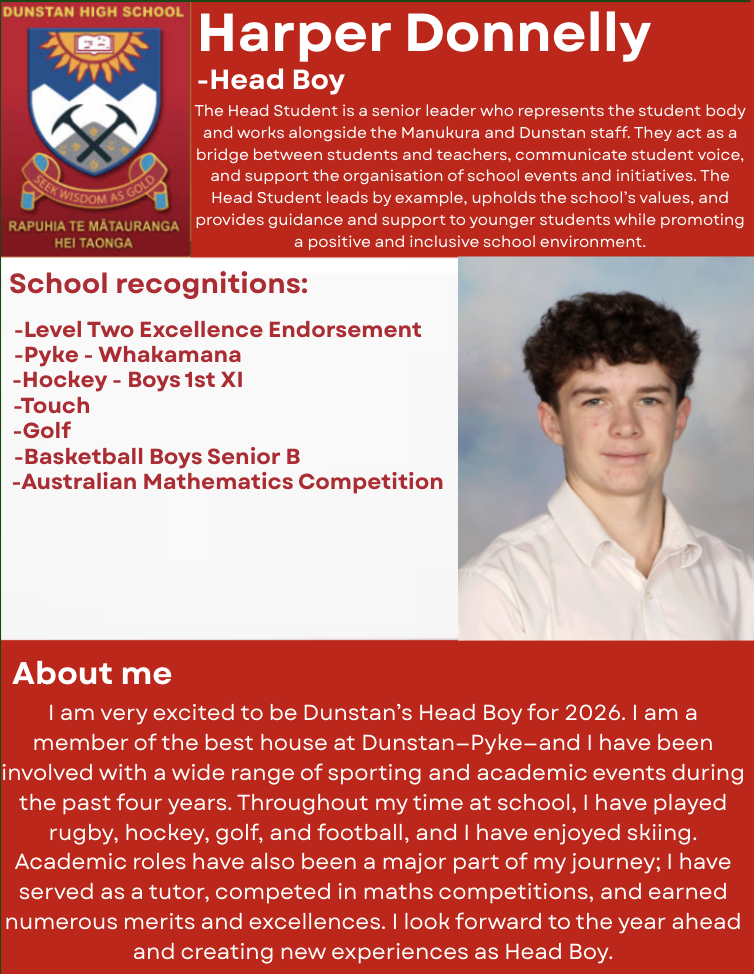 Dunstan Manukura 2026 Profile Series – Harper Donnelly – Head Boy - Ne